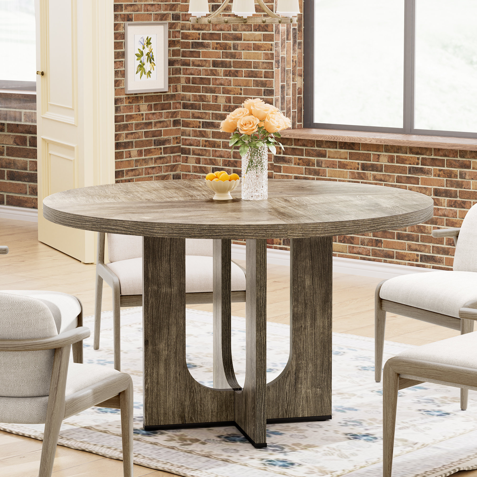 Winston Porter Round Dining Table Wood Kitchen Table For 4,47" Farmhouse Dinner Table With Cross ...